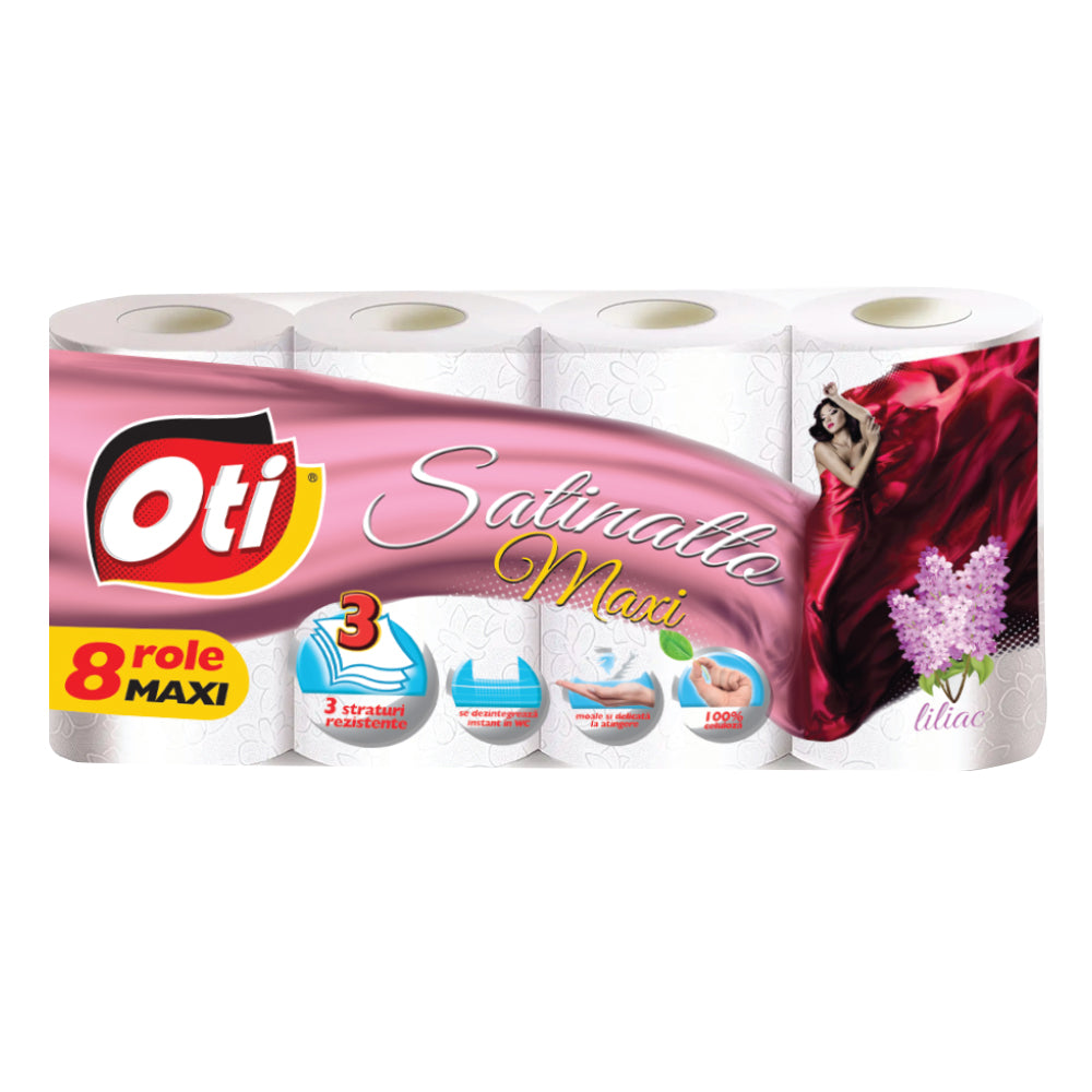 Hartie igienica OTI Satinatto Maxi, Liliac, 3 straturi, 8 role mari, 1 ...